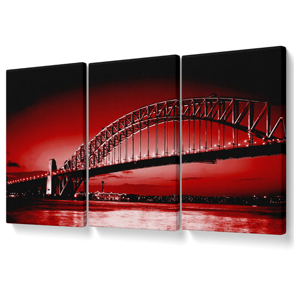 Ebern Designs Sydney Harbour Bridge Red 3 Piece Wrapped Canvas Print